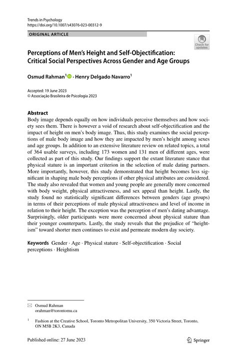 Pdf Perceptions Of Mens Height And Self Objectification Critical Social Perspectives Across
