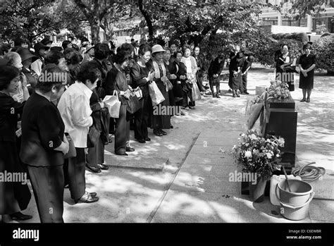 Survivors In Front Of The Marcel Junod Monument Hiroshima Peace