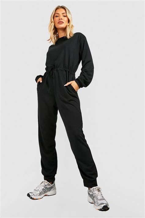 Sweat Tie Waist Long Sleeve Jumpsuit Boohoo Uk
