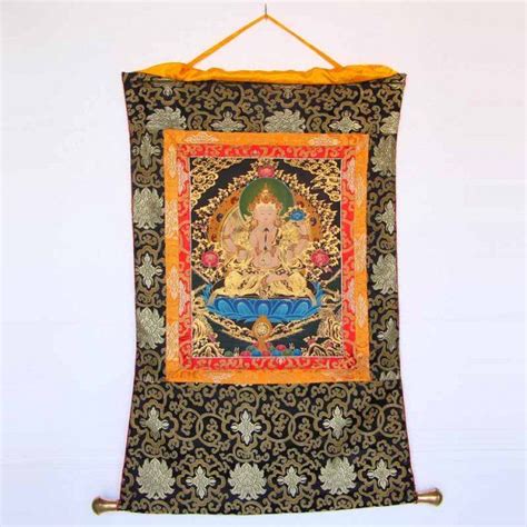 Tibet Sheepskin And Silk Thangka Four Arm Buddha Chinese Art Thangka