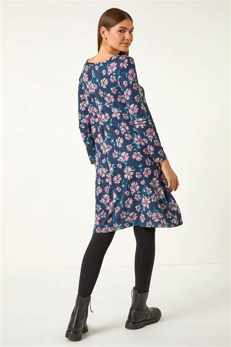 Navy Floral Print Swing Stretch Midi Dress Roman Uk