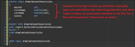 how to auto generate code for stored procedure column data types sql server stack overflow