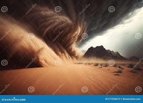 Sand Storm In Desert A Huge Tornado Hits The Desert Landscape With