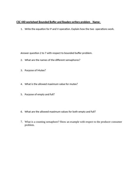 Bounded Buffer And Readers Writers Problem Worksheet Pdf
