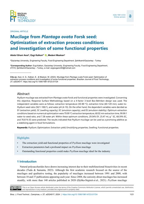 Pdf Mucilage From Plantago Ovata Forsk Seed Optimization Of Extraction Process Conditions And