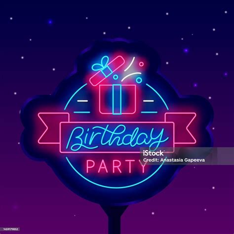 생일 파티 네온 거리 광고판 리본이 있는 원형 프레임의 반짝이는 글자 벡터 스톡 일러스트 간판에 대한 스톡 벡터 아트 및 기타