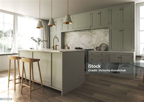 Japandi 현대 스칸디나비아 스타일의 아파트 주방 인테리어 디자인 녹색 파스텔 카운터 나무 캐비닛 및 대리석 카운터 탑으로 장식 3d 렌더링 고품질 3d 그림 모던