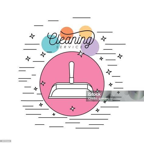 먼지 팬 플라스틱 실루엣 원형 프레임 색상 거품 및 장식 별과 흰색 배경 라인에서에서 서비스를 청소 가사 집안일에 대한 스톡