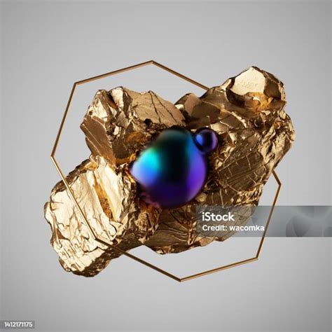 3d 렌더링 황금 덩어리 안에 무지개 빛 보라색 공이있는 추상적 인 미적 배경 금빛 바위 돌과 기하학적 다각형 프레임 부상 현대