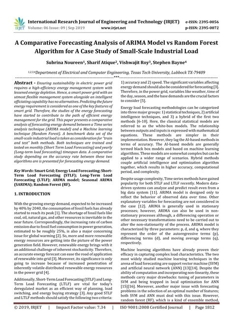 Irjet A Comparative Forecasting Analysis Of Arima Model Vs Random Forest Algorithm For A Case