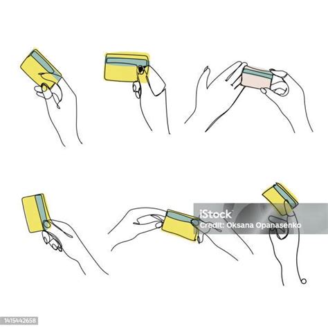 지갑으로 그린 한 줄 손을 설정합니다 은행 신용 카드 템플릿을 들고 손의 연속 한 줄 그리기 근접 촬영 흰색 배경에 고립된 벡터