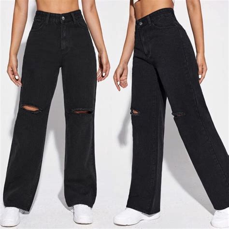 Calça Jeans Wid leg Preta Pantalona rasgo no Joelho Shopee Brasil