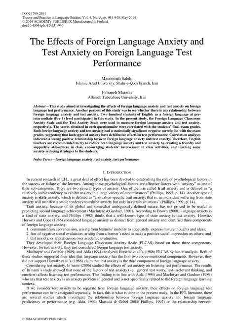 Pdf The Effects Of Foreign Language Anxiety And Test Anxiety On Foreign Language Test Performance