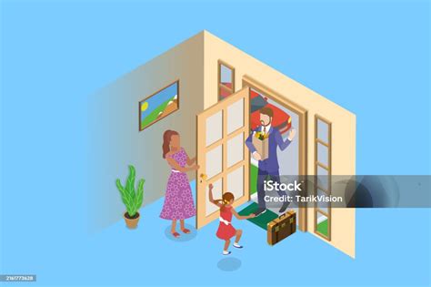 3d 아이소 메트릭 플랫 벡터 일러스트 레이 션 의 아버지 귀향 도착에 대한 스톡 벡터 아트 및 기타 이미지 도착 가정 생활 등측투영법 Istock