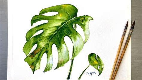 Easy Watercolor Painting Monstera Plant Leaves Tutorial For Beginner