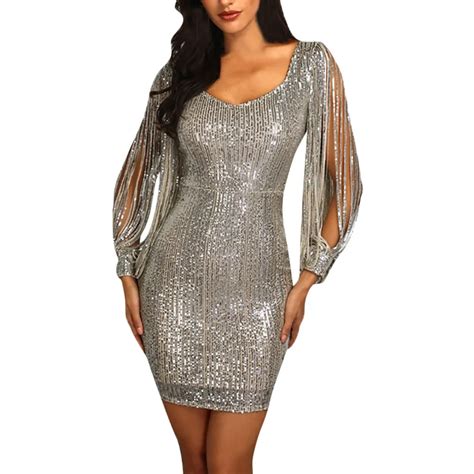 Feitong Womens Sparkle Glitzy Glam Sequin Tassel Long Sleeve Flapper