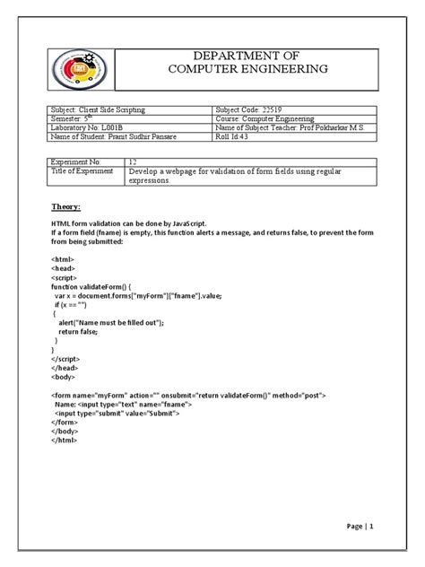 Department Of Computer Engineering Develop A Webpage For Validation Of