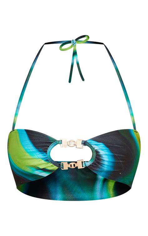 Green Wave Print Trim Cut Out Bandeau Bikini Top Swimwear