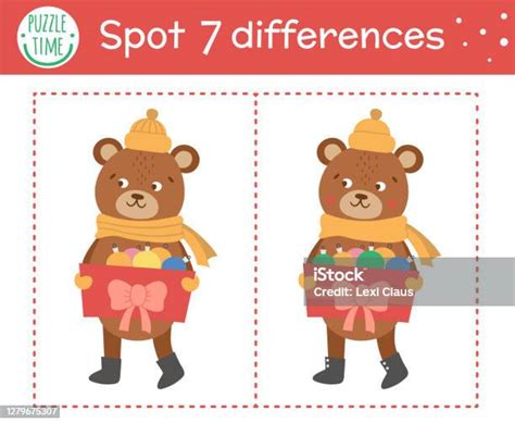 크리스마스는 아이들을위한 차이 게임을 찾을 수 있습니다 상자에 색깔의 공이있는 재미있는 곰과 겨울 교육 활동 웃는 캐릭터가 있는 인쇄 가능한 워크시트 아이들을위한 귀여운