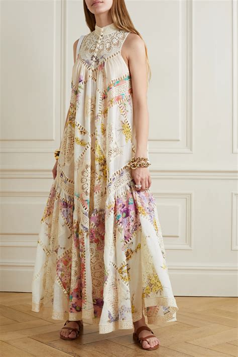 Zimmermann Jude Tiered Crochet Trimmed Floral Print Ramie Maxi Dress In