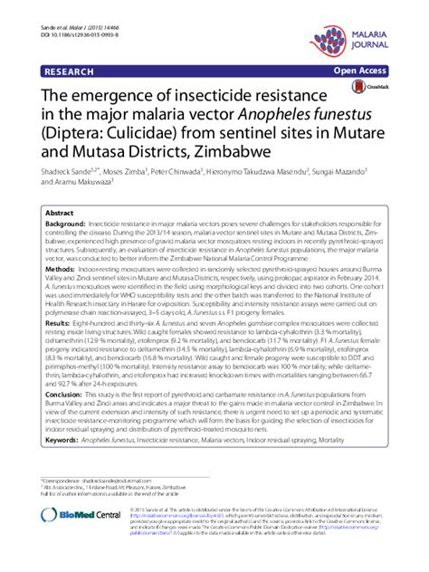 Pdf The Emergence Of Insecticide Resistance In The Major Malaria