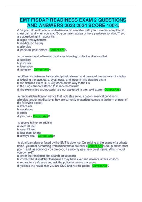 EMT FISDAP READINESS EXAM QUESTIONS AND ANSWERS SCORE EMT FISDAP Stuvia US
