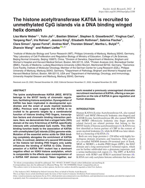 Pdf The Histone Acetyltransferase Kat6a Is Recruited To Unmethylated