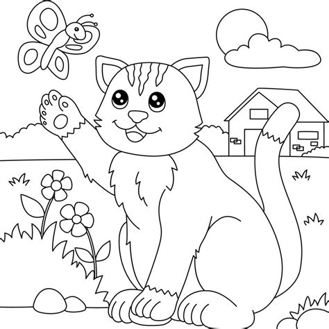 Раскраска Котик играет с бабочкой распечатать - Flomasters