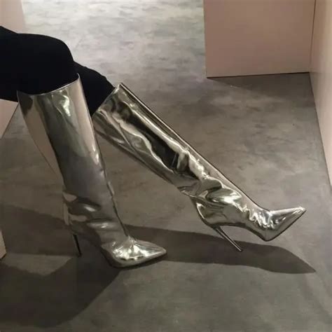 Spring Hot Mirror Leather Women Sexy Pointy Toe Boots Fashion Metallic