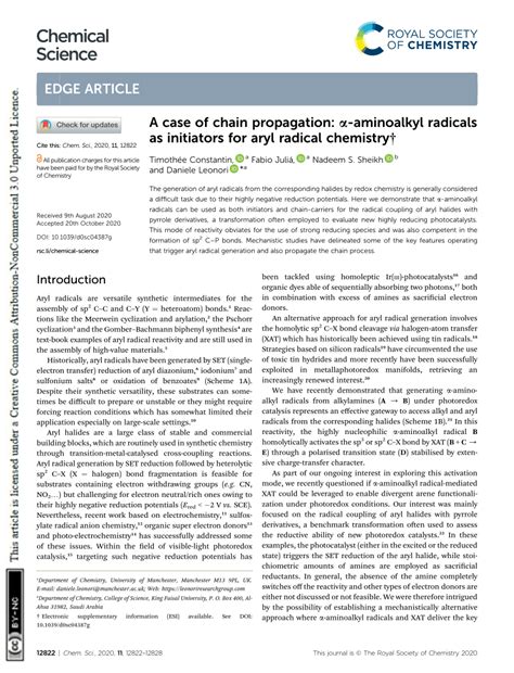 Pdf A Case Of Chain Propagation α Aminoalkyl Radicals As Initiators For Aryl Radical Chemistry