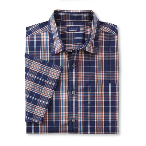 Basic Editions Mens Short Sleeve Button Front Shirt Plaid
