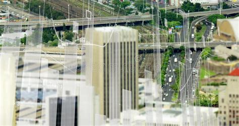Financial Data Charts Image Over Urban Cityscape With Roads And