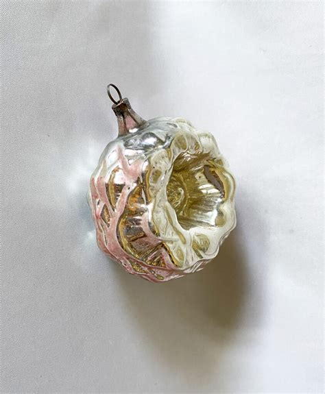 1900s German Floral Indent Christmas Ornament Large Pastel Silver Rose