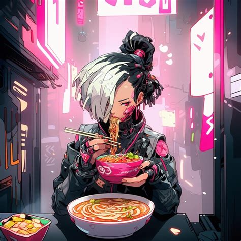 Premium Ai Image Anime Girl Eating A Bowl Of Noodles In A City Street