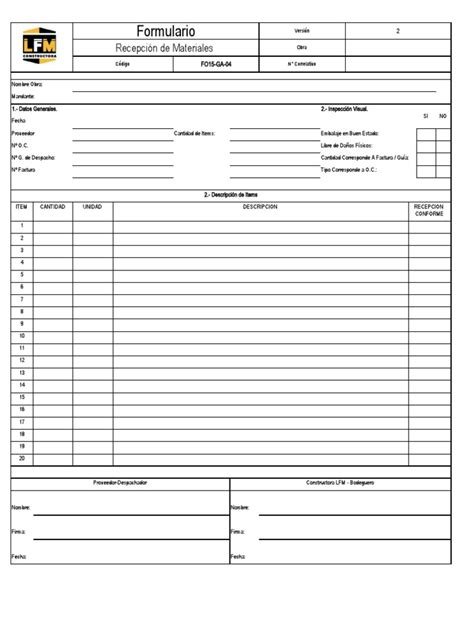 Formulario De Recepción De Materiales Pdf