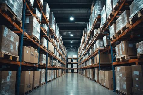 A Modern Warehouse Interior Featuring Shelves Stacked High With Boxes