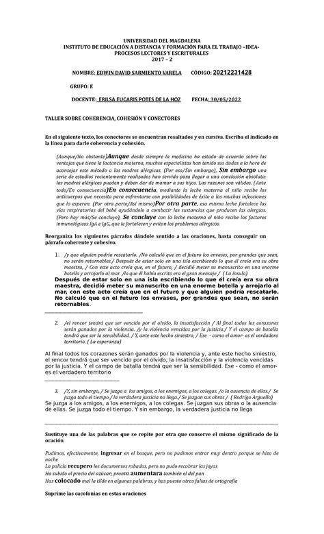 Taller 3 Resuelto Conectores Universidad Del Magdalena Instituto De