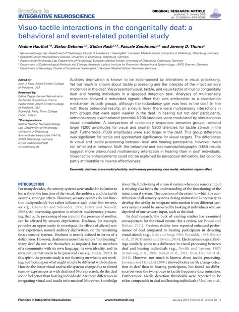Pdf Visuo Tactile Interactions In The Congenitally Deaf A Behavioral And Event Related