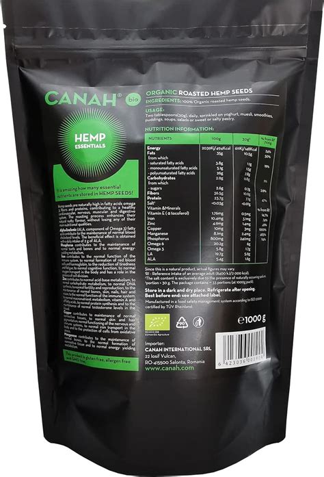 Canah Organic Whole Hemp Seeds Roasted 1 Kg Vegetarian High In