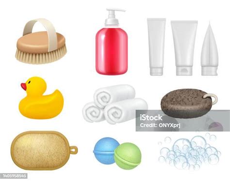 현실적인 입욕 세트 목욕을위한 수건 위생 크림 비누 샴푸 괜찮은 벡터 일러스트 컬렉션 가정 생활에 대한 스톡 벡터 아트 및 기타 이미지 가정 생활 개념 개인 장식품
