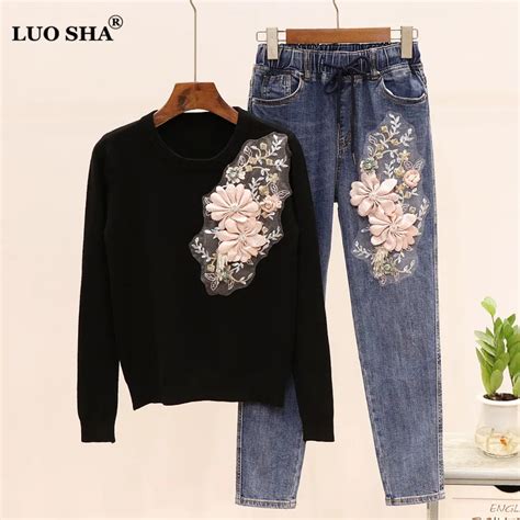 Luosha комплект из двух предметов Женский Осенний вязаный 3d пуловер в цветочек свитер и