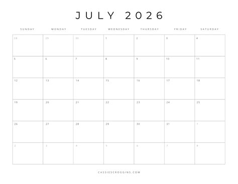 Free Blank July 2026 Calendar Template Digital Calendar 2026