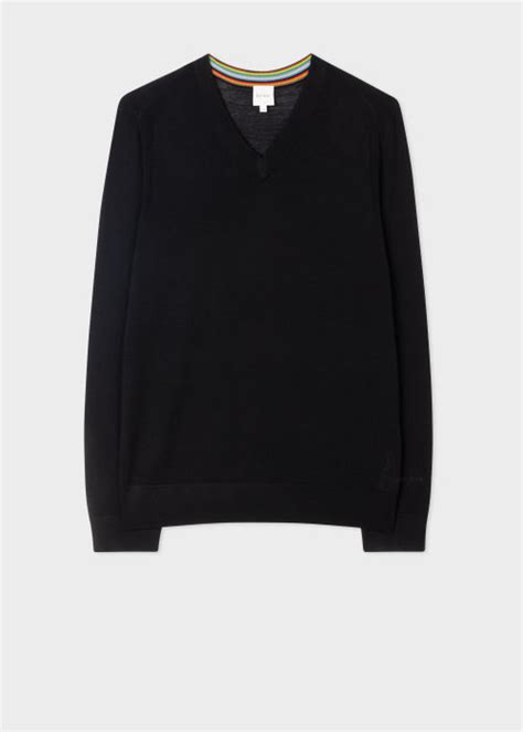 Mens Black Merino Wool V Neck Sweater