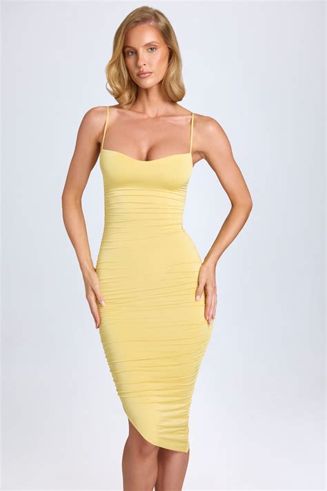 Anaisa Asymmetric Ruched Midi Dress In Pastel Yellow Oh Polly