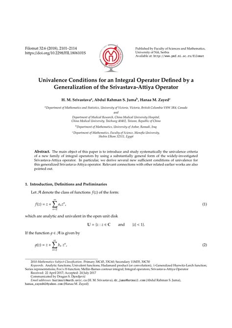 Pdf Univalence Conditions For An Integral Operator Defined By A Generalization Of The