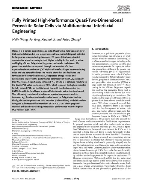Fully Printed High‐performance Quasi‐two‐dimensional Perovskite Solar Cells Via Multifunctional