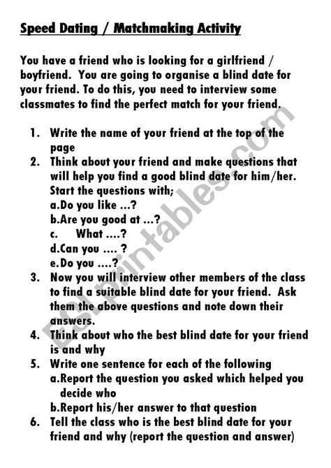 Speed Dating And Matchmaking Activity Esl Worksheet By Jaysonwatchorn