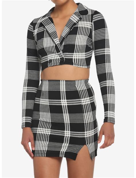 Black And White Plaid Crop Blazer And Skirt Set Hot Topic