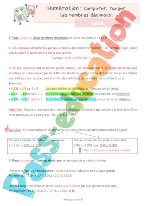 Comparer ranger les nombres décimaux Leçon de numération pour le cm PDF gratuit à imprimer