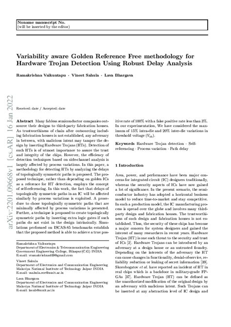 Pdf Variability Aware Golden Reference Free Methodology For Hardware Trojan Detection Using
